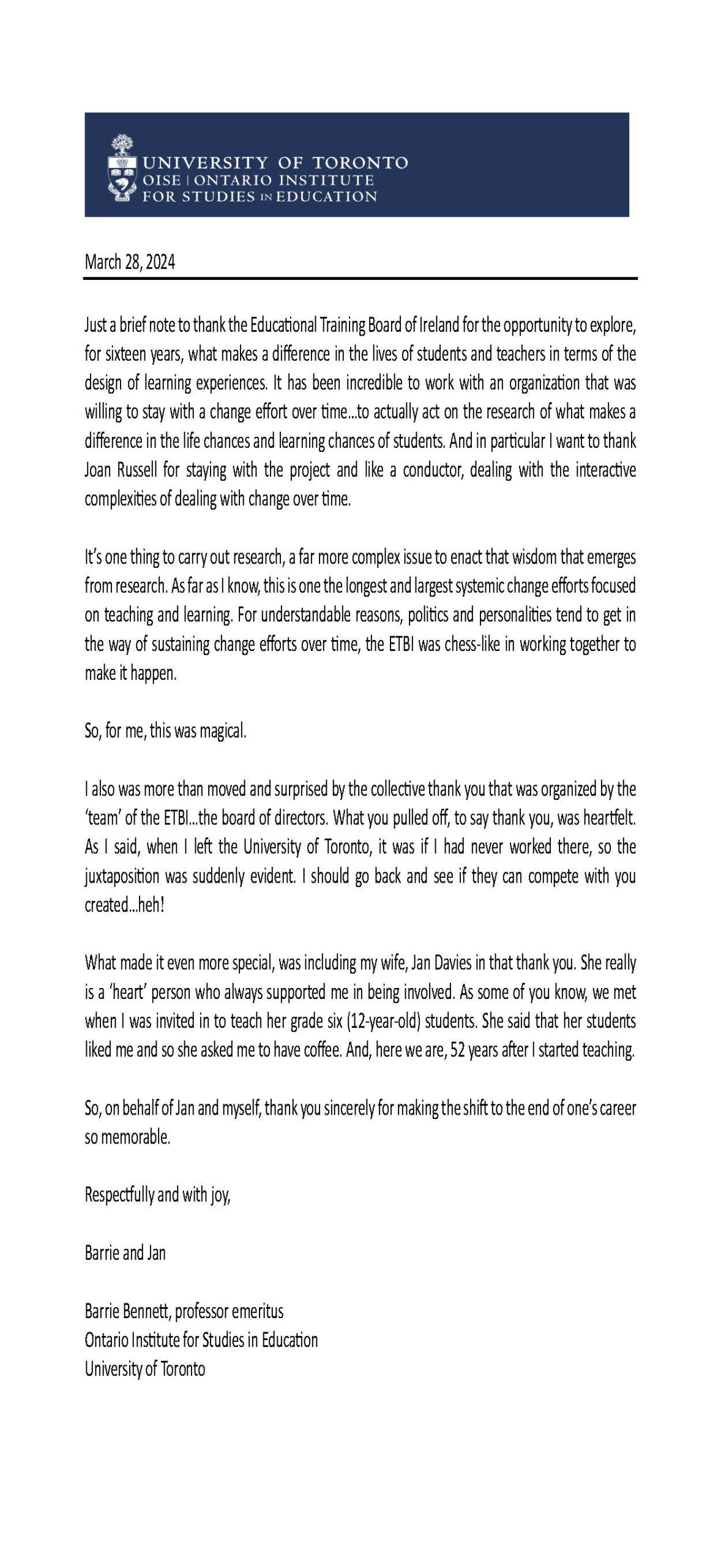 Letter of Thanks – Professor Barrie Bennett – Instructional Leadership